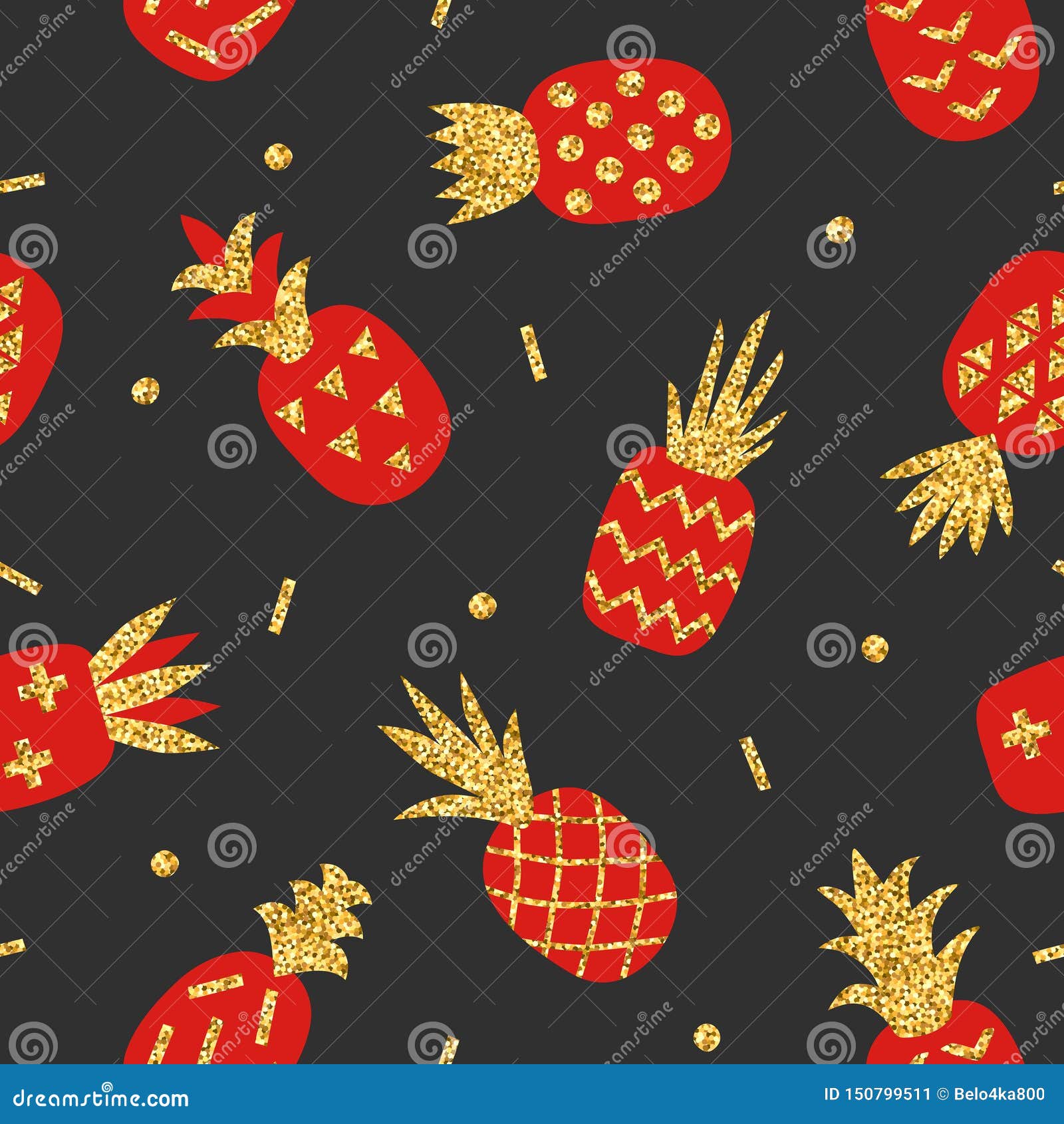 Creative Seamless Pattern of Red Pineapple with Gold Glitter Texture on ...