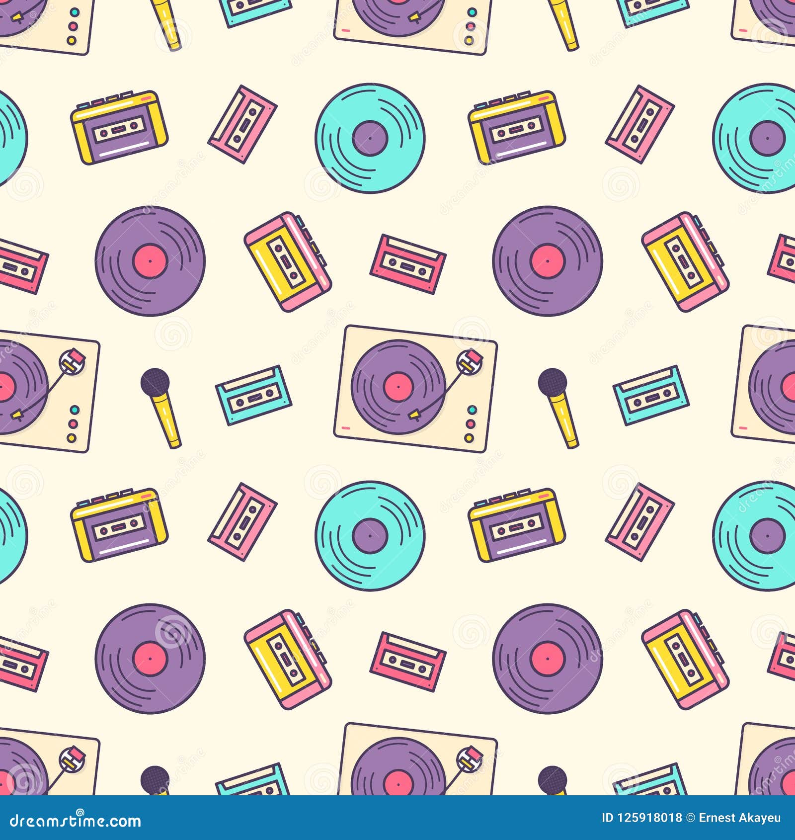 Creative Seamless Pattern with Retro Analog Music Player, Cassette ...