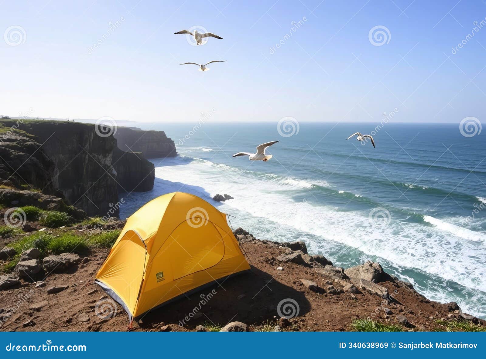 Creative Seaside Cliffs Camping Set Up Camp on a Rugged Cliffsid Stock ...