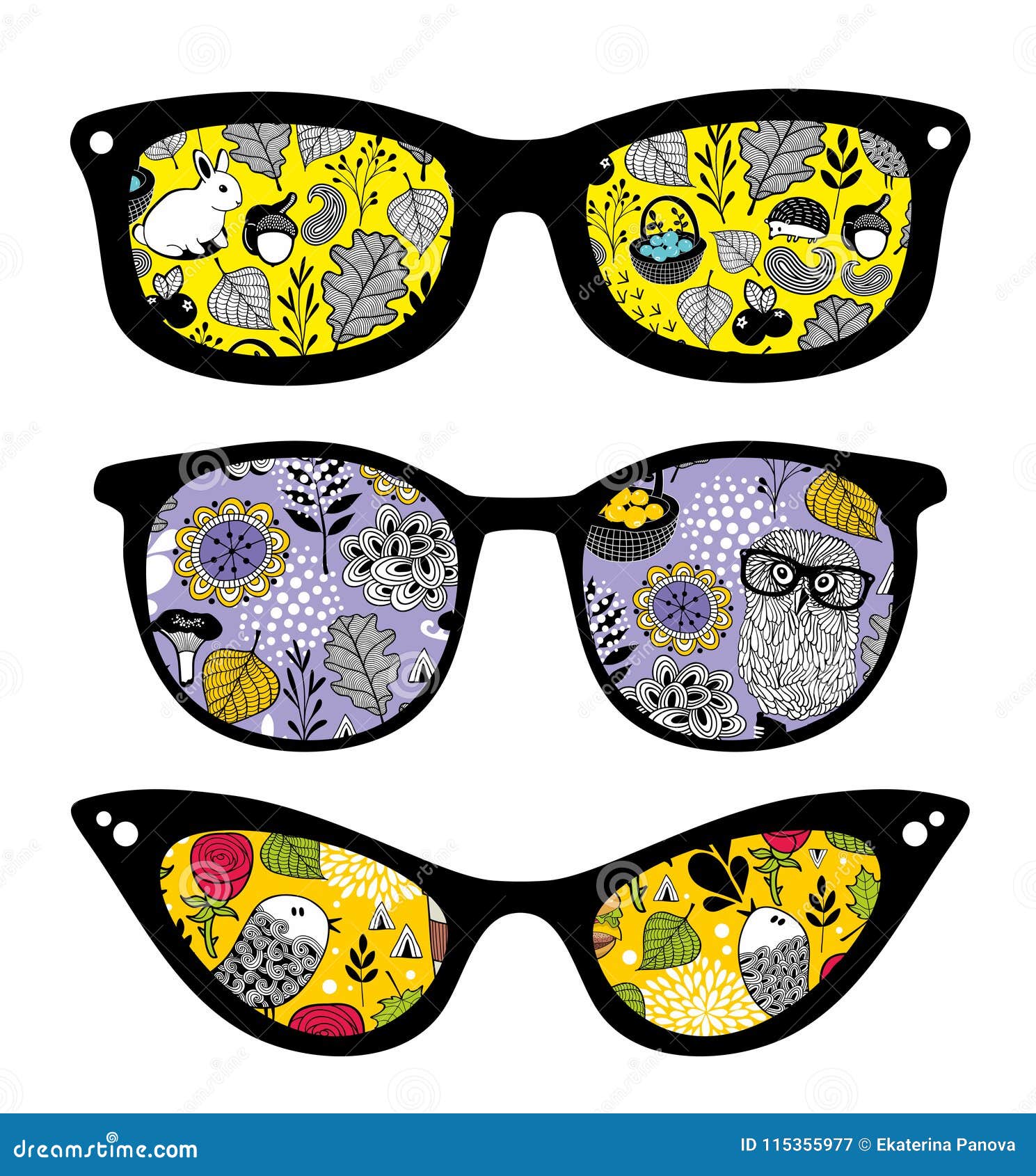 Creative Set of Retro Sunglasses with Pattern Reflection. Stock Vector ...