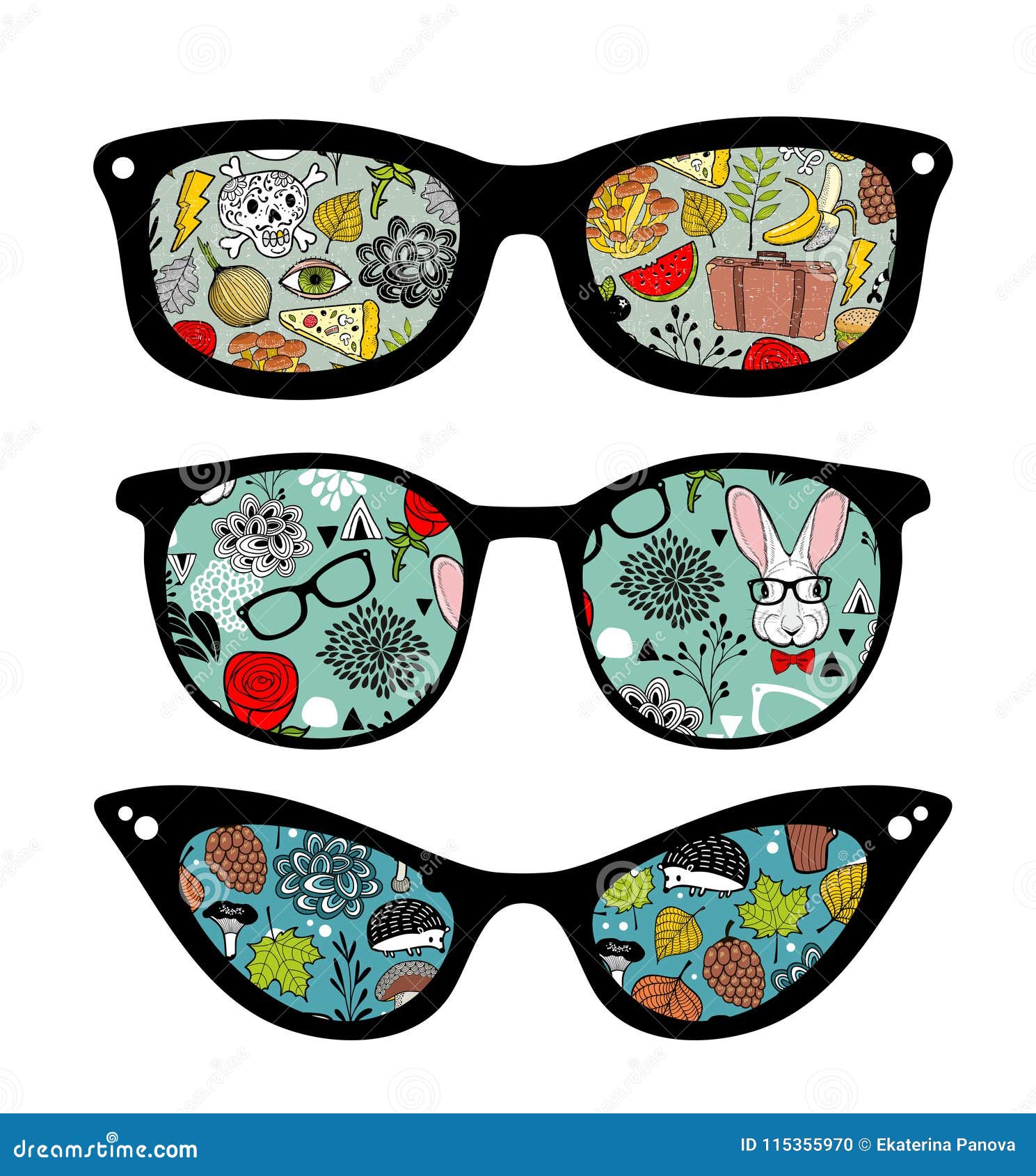 Creative Set of Retro Sunglasses with Pattern Reflection. Stock Vector ...