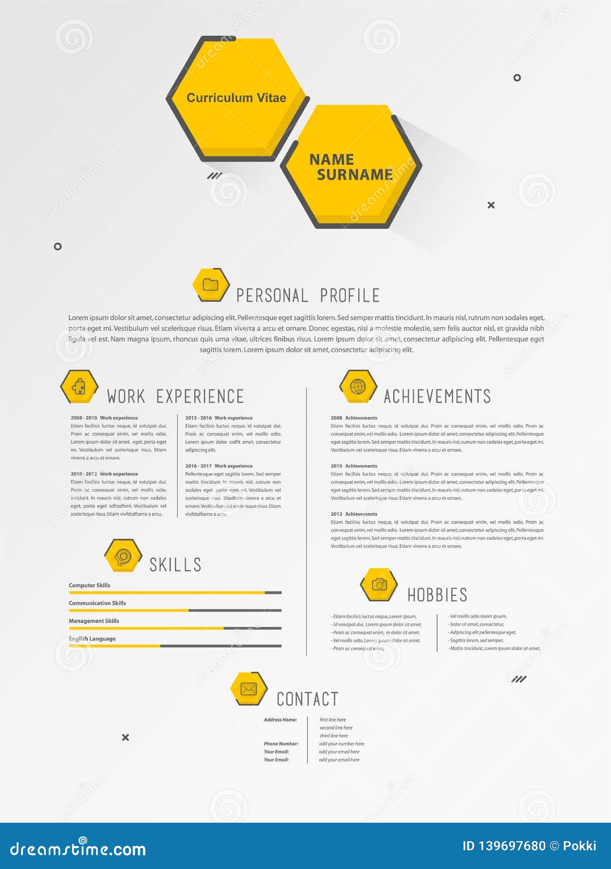 Creative Simple Cv Template with Yellow Hexagons Stock Vector ...