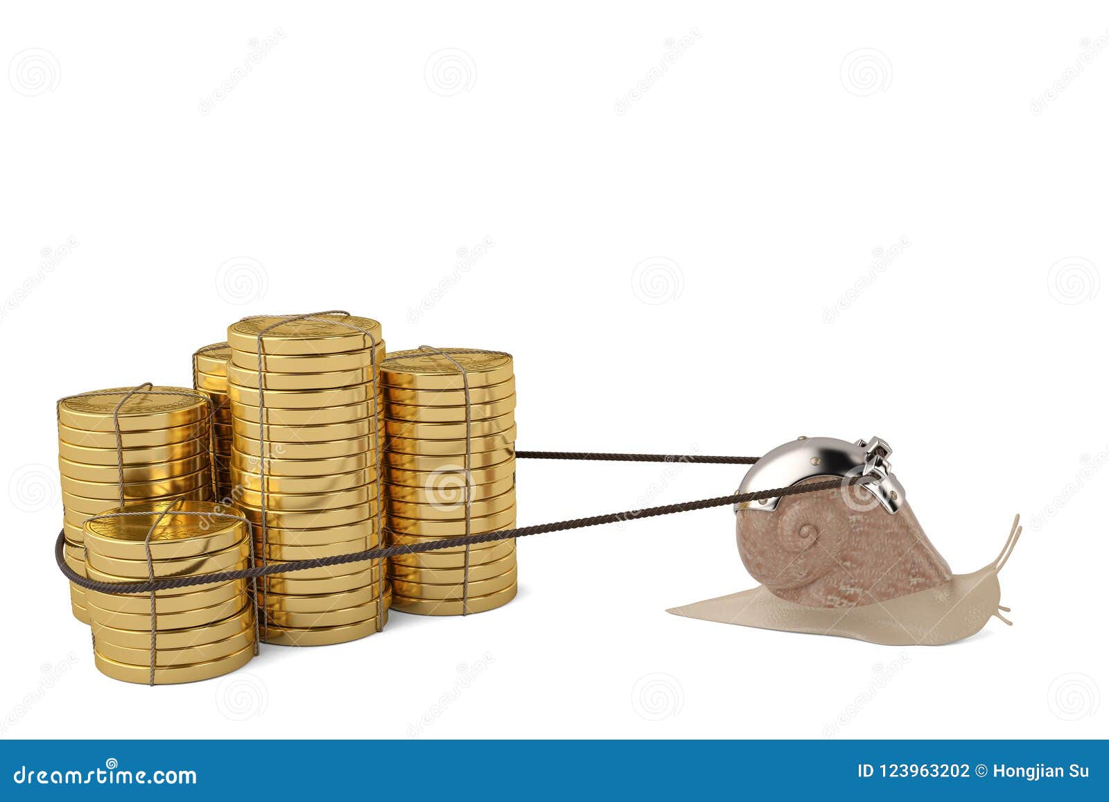Creative Snail Pulling Gold Coin Stacks.3D Illustration. Stock ...