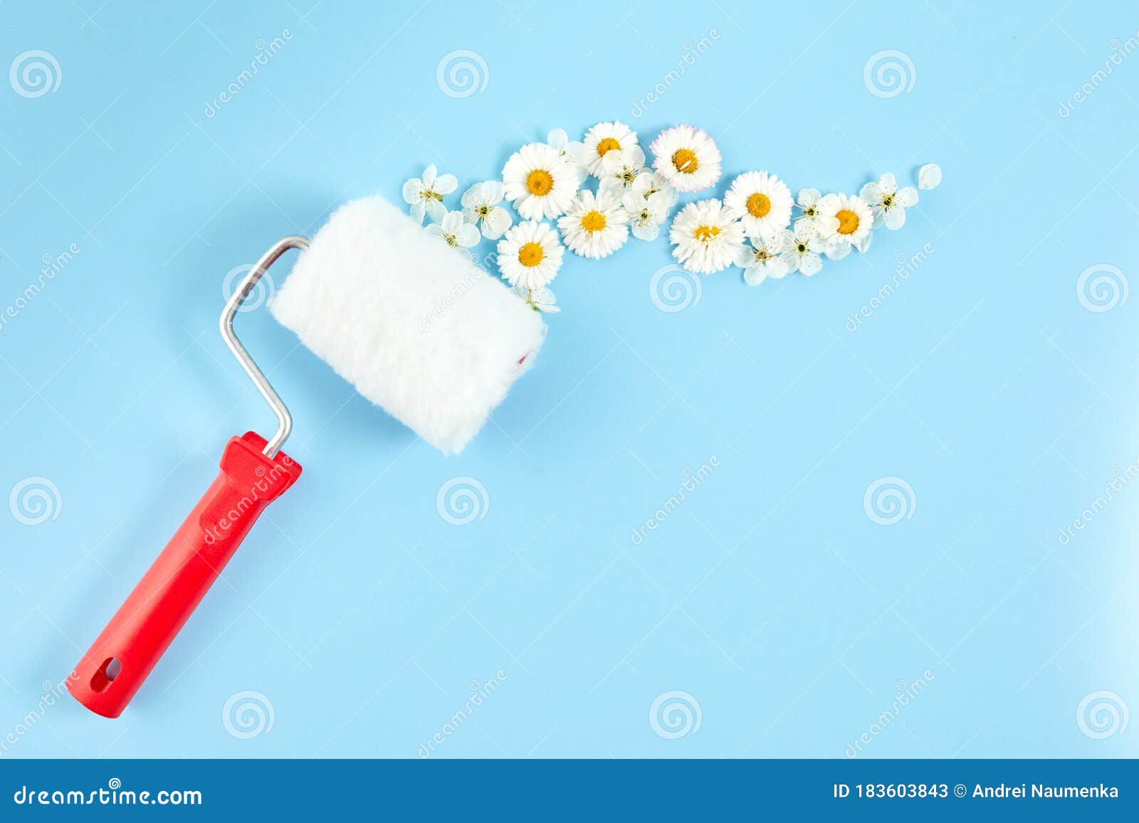 Creative Spring Blossom Concept. Paint Roller with Flower on a Blue ...