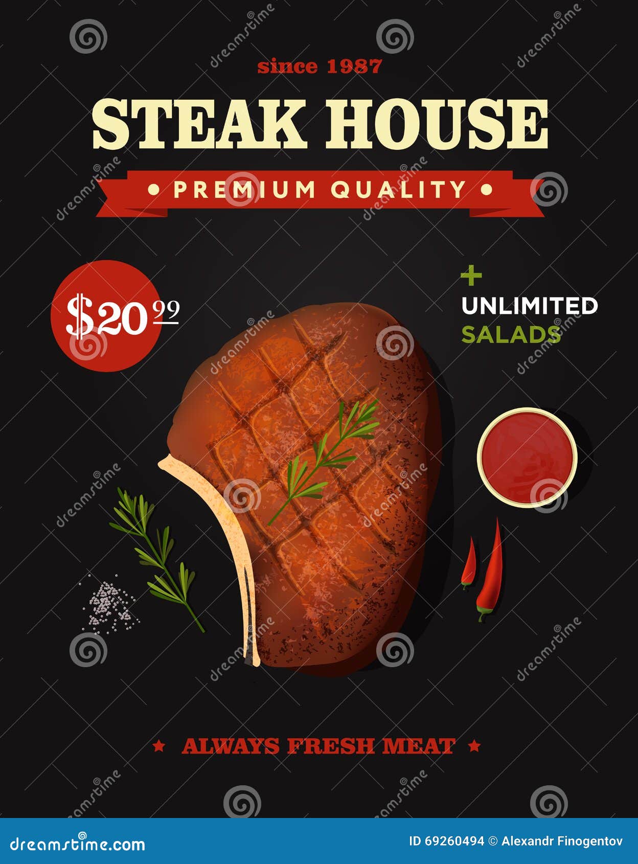 Creative Steak House Poster Design. Realistic Vector Beef Steak with ...