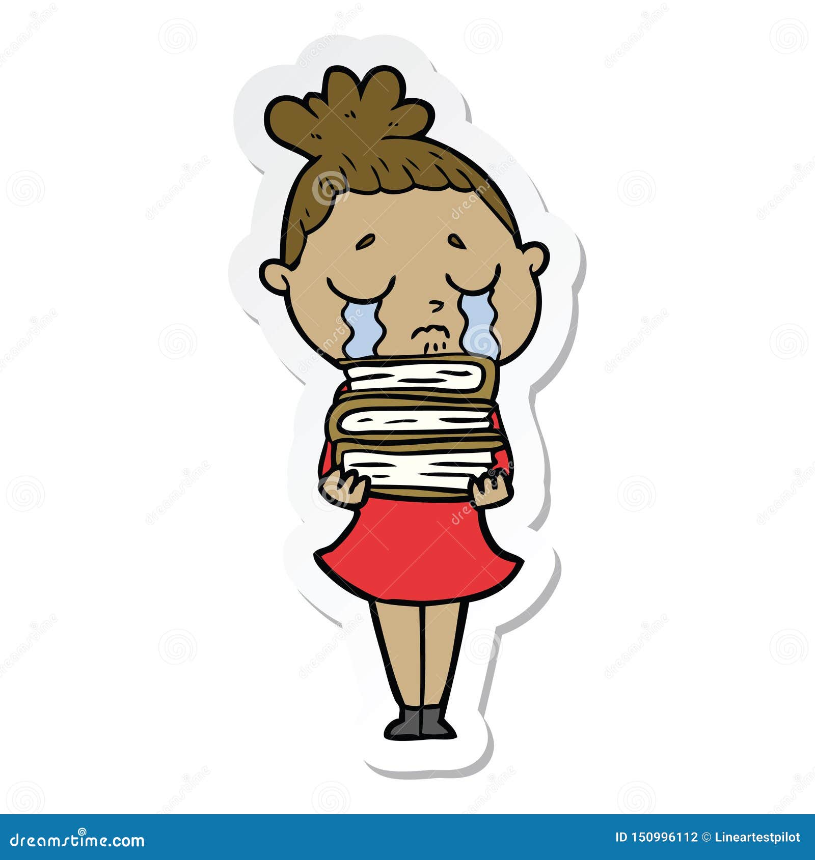 A Creative Sticker of a Cartoon Crying Woman with Stack of Books Stock ...