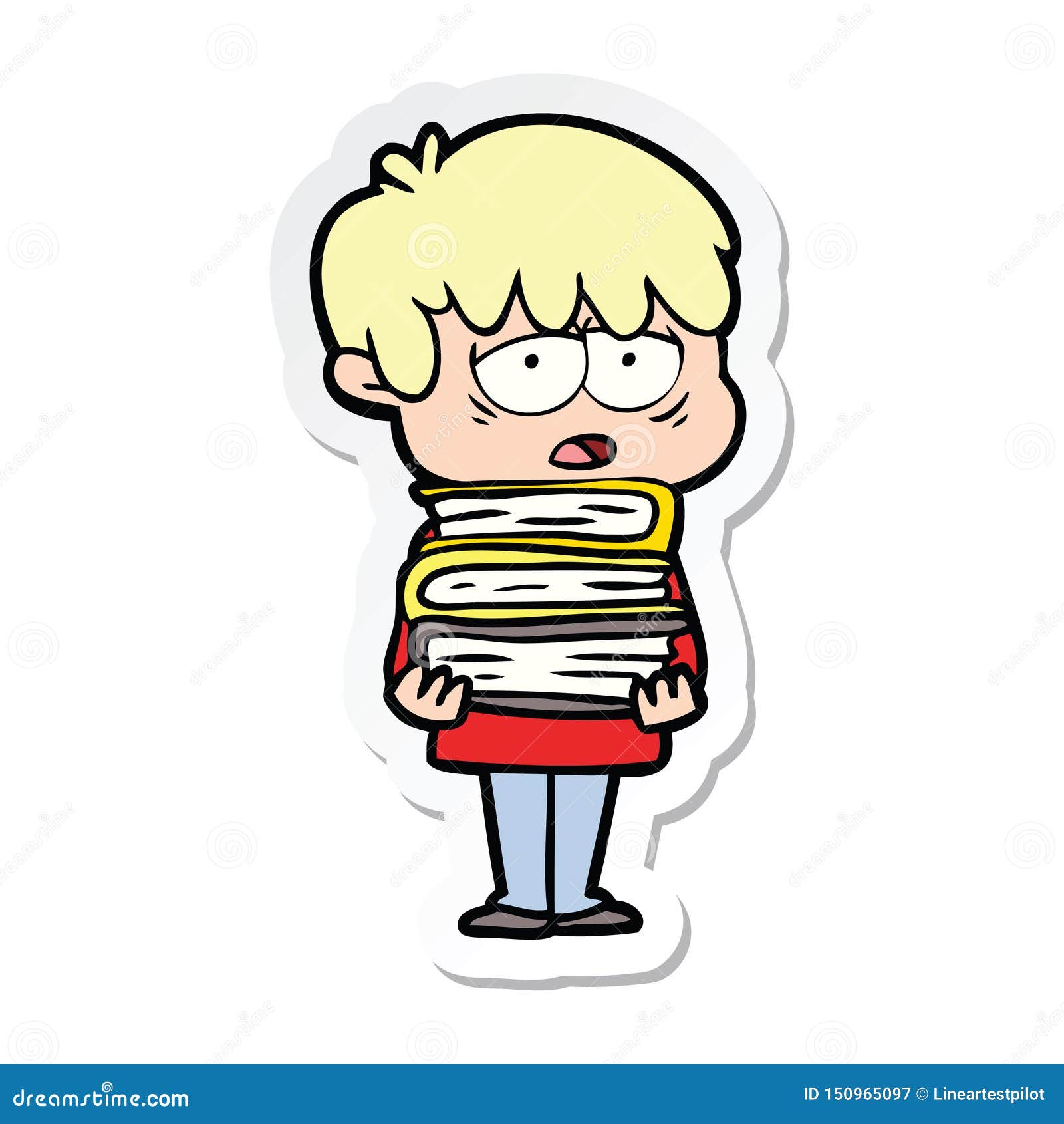 A Creative Sticker of a Cartoon Exhausted Boy Holding Book Stock Vector ...