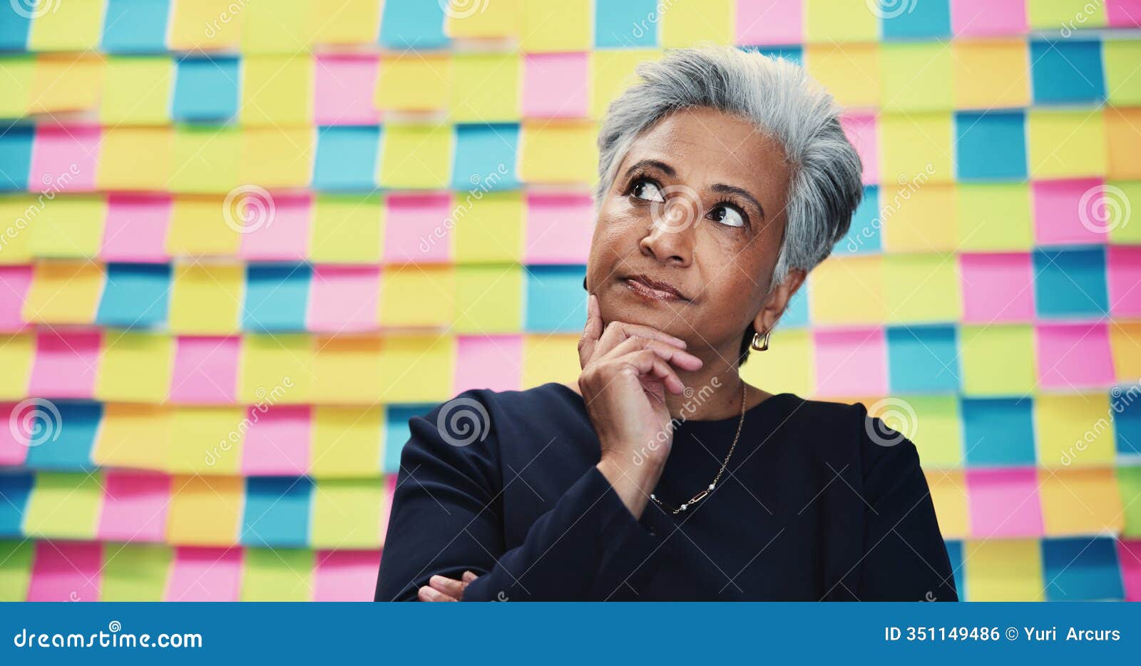 Creative, Sticky Notes and Business Woman with Thinking for Problem ...