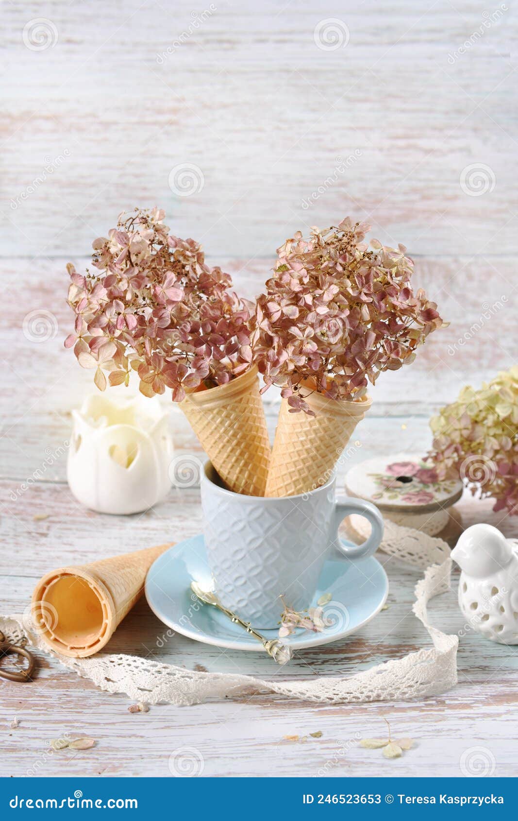 Creative Still Life with Dried Hydrangea Flowers in Wafer Cones Stock ...