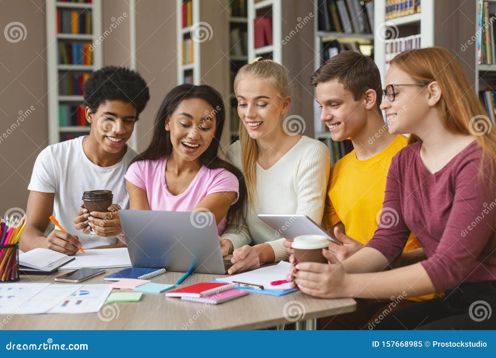 Creative Students Working on Project in Front of Laprop Stock Image ...