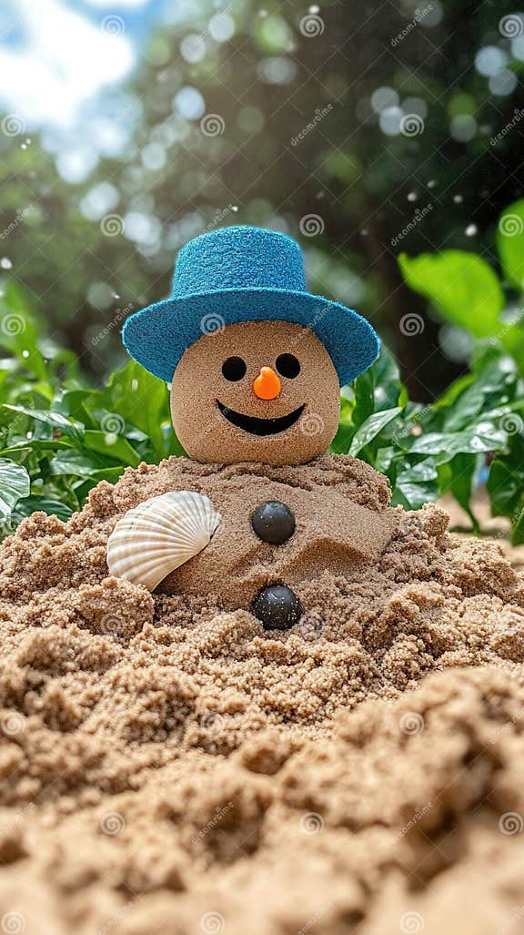 Creative Summer Snowman on Sandy Beach with Seashell and Blue Hat Stock ...