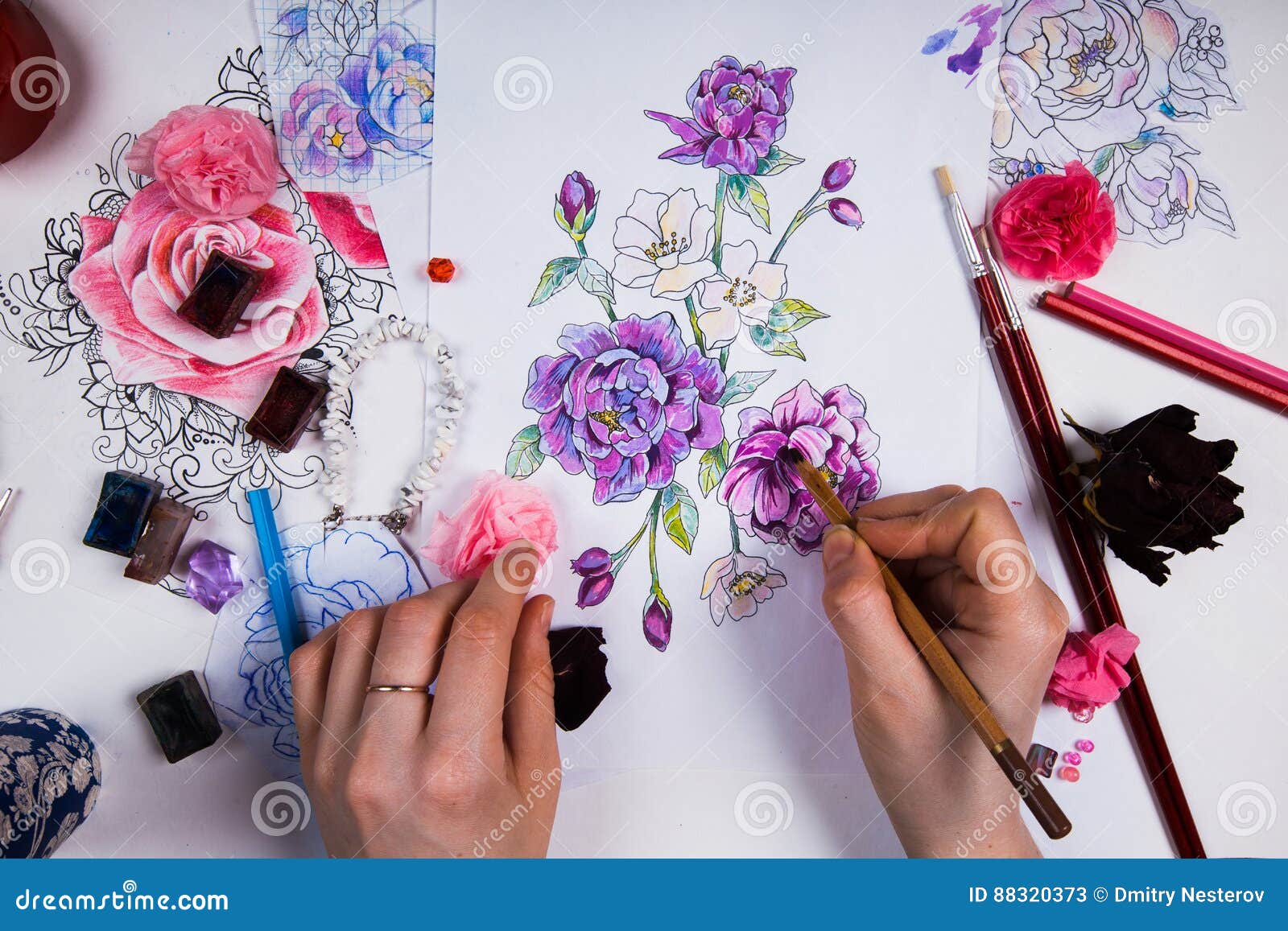 The Creative Table of the Artist Drawing Sketches. Stock Image - Image ...