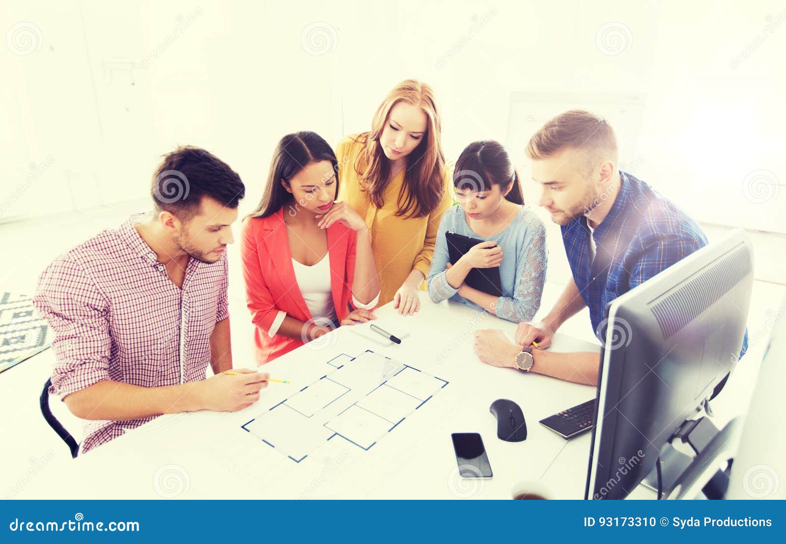 Creative Team with Blueprint Working at Office Stock Photo - Image of ...
