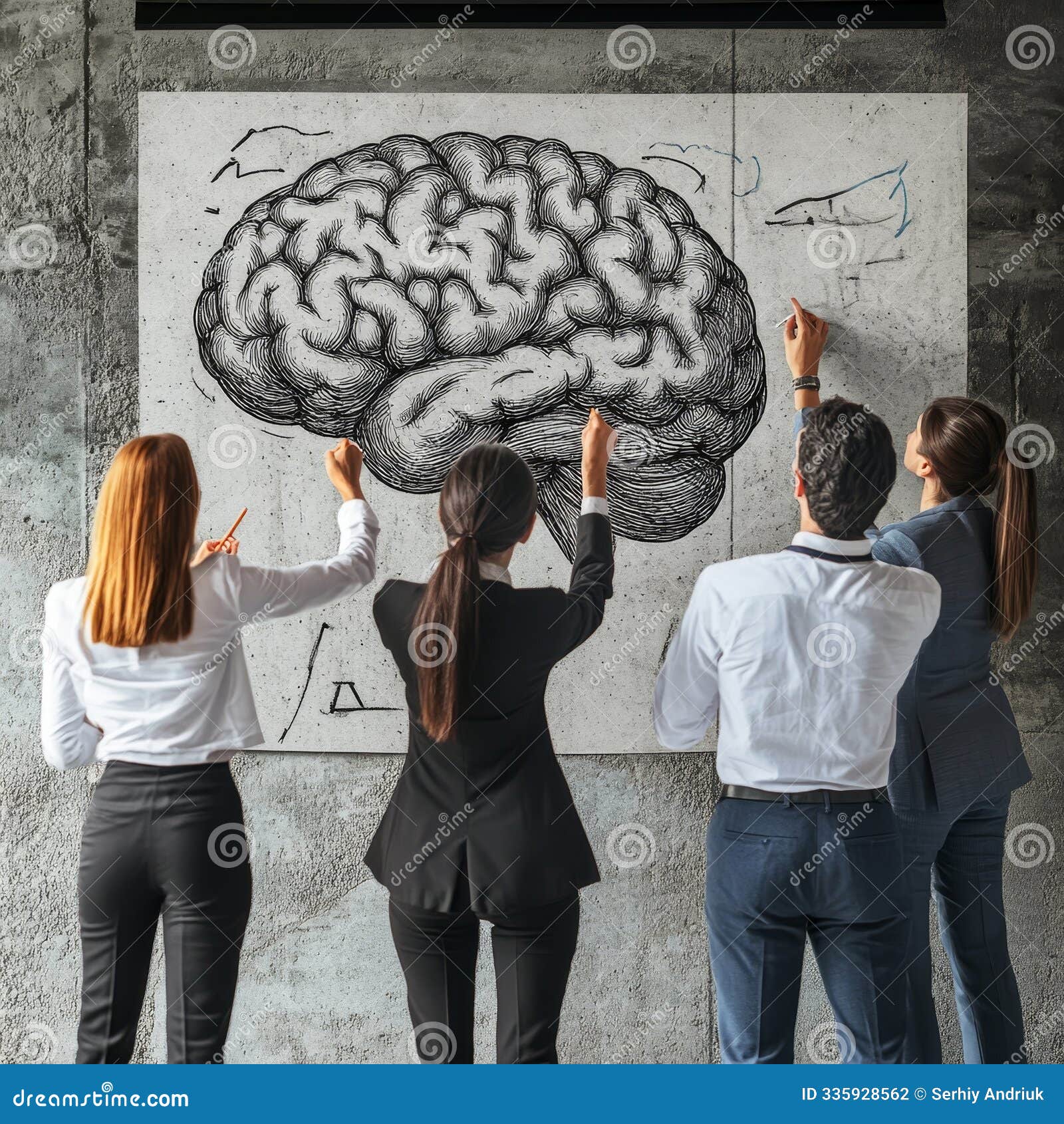 Creative Team Brainstorming with Human Brain on Concrete Wall. Teamwork ...