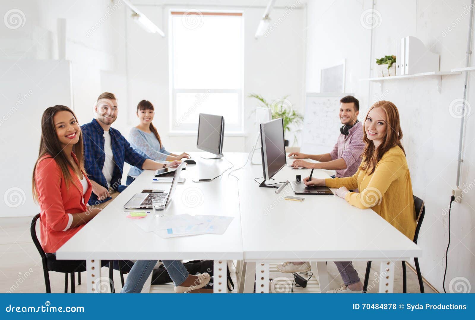 Creative Team with Computers, Blueprint at Office Stock Photo - Image ...