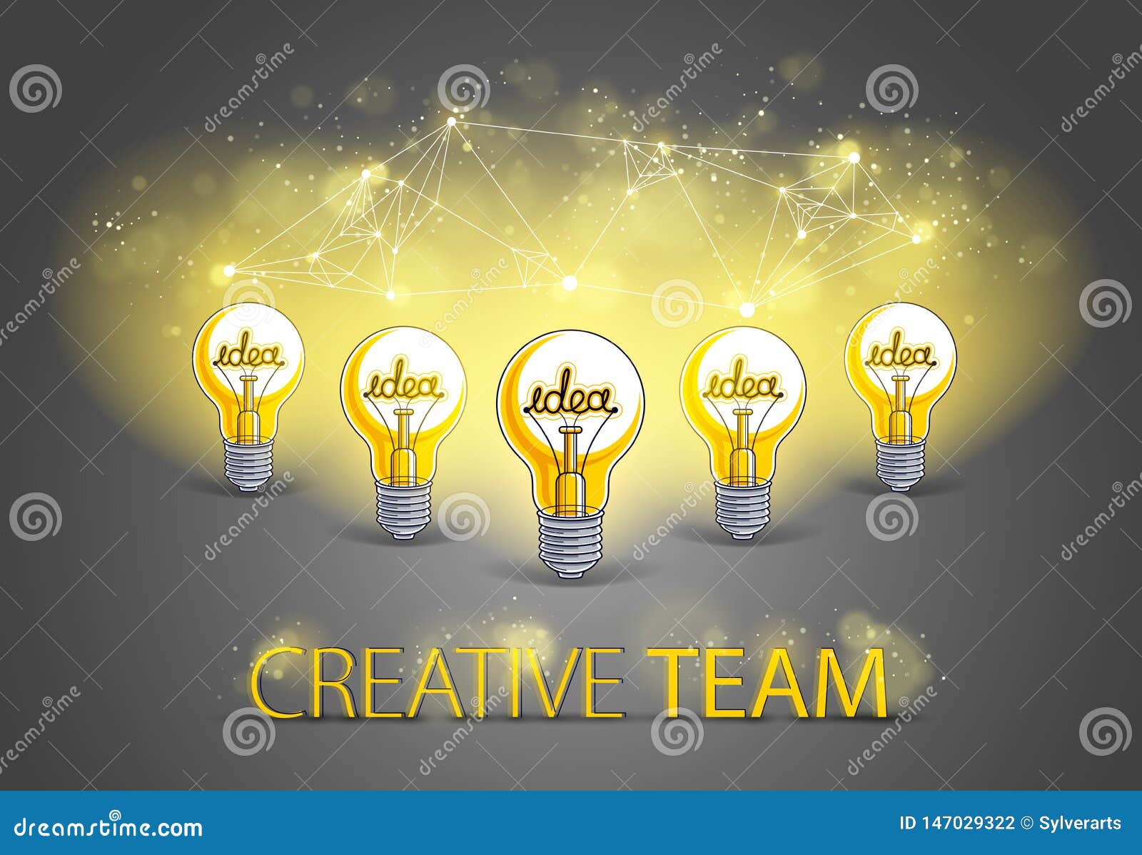 Creative Team Concept, Group of Five Shining Light Bulbs Represents ...