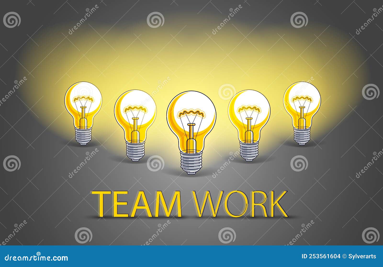 Creative Team Concept, Group of Five Shining Light Bulbs Represents ...
