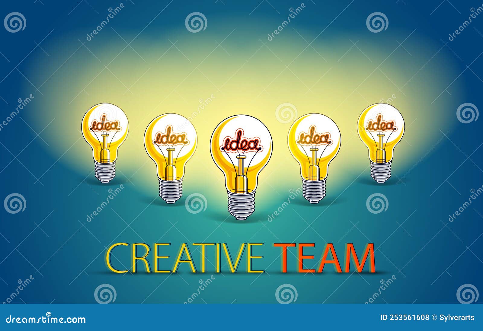 Creative Team Concept, Group of Five Shining Light Bulbs Represents ...