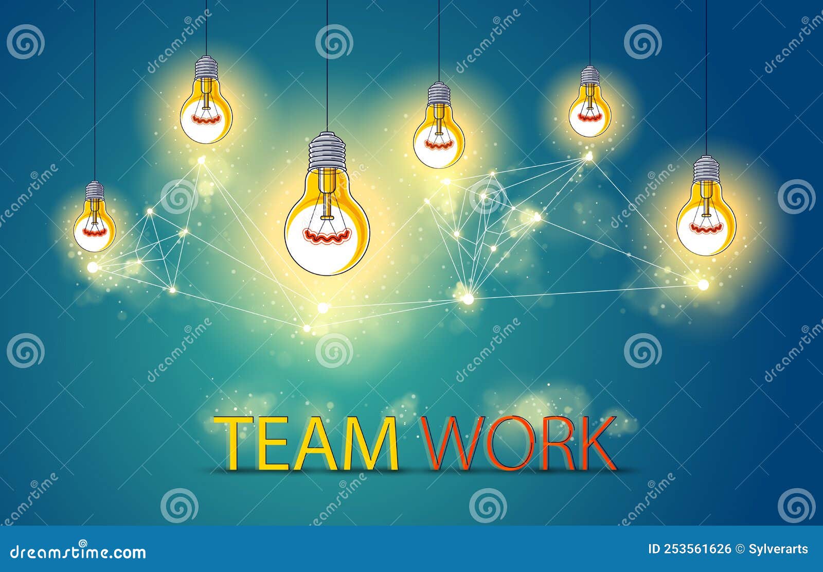 Creative Team Concept, Group of Five Shining Light Bulbs Represents ...