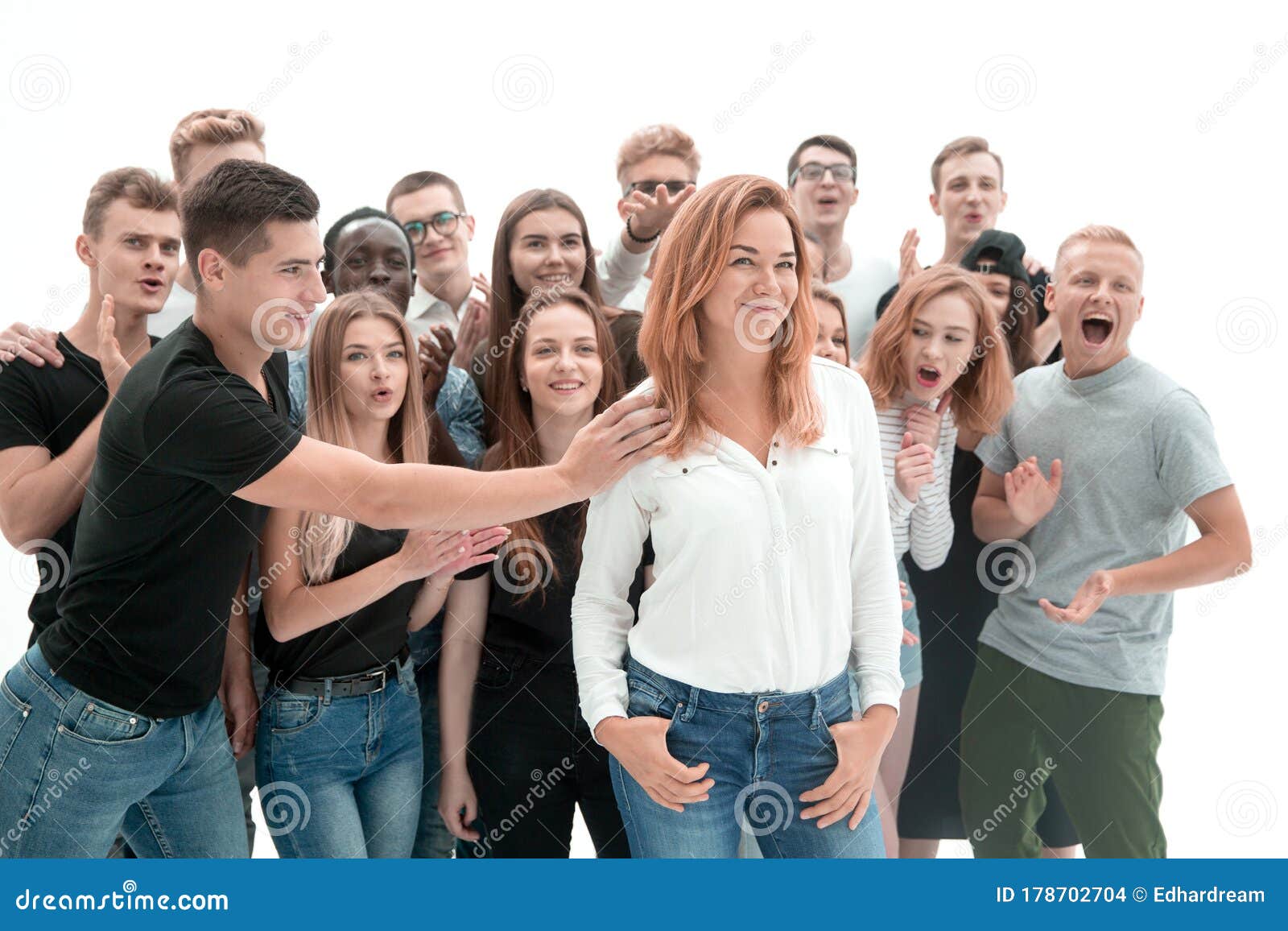 Creative Team of Young People Congratulating Their Leader Stock Photo ...