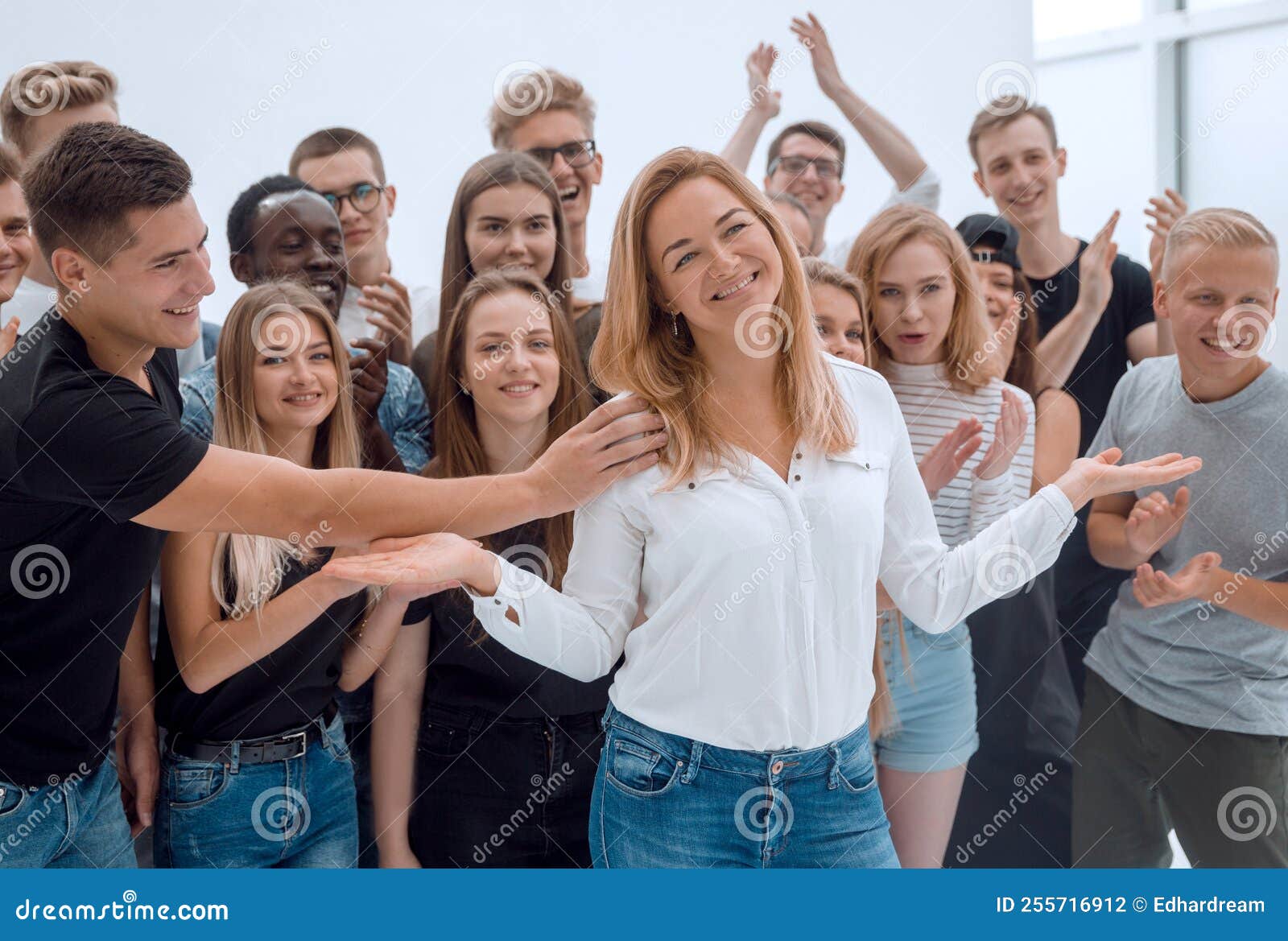 Creative Team of Young People Congratulating Their Leader Stock Photo ...