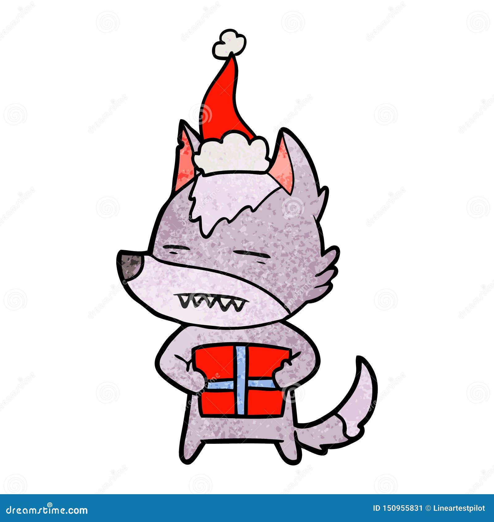 A Creative Textured Cartoon of a Wolf with a Gift Wearing Santa Hat ...