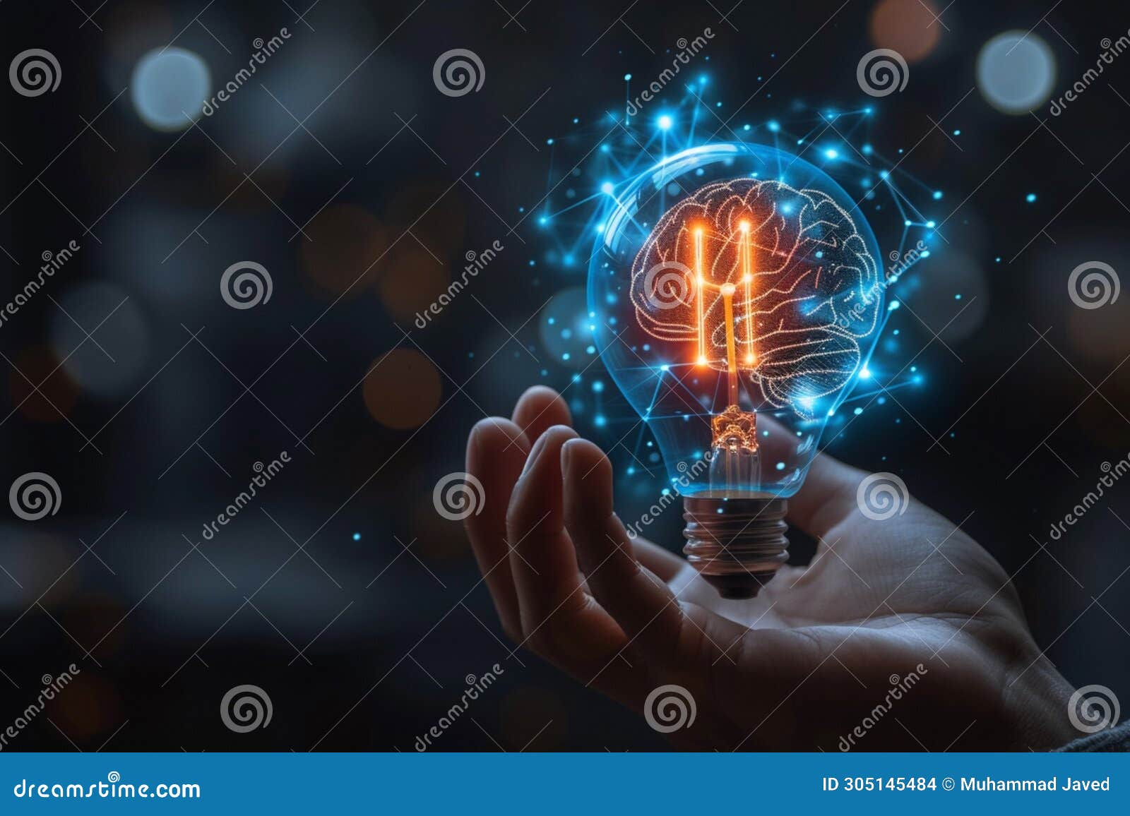 Creative Thinking Concept Hand Holds Virtual Lightbulb with Brain ...