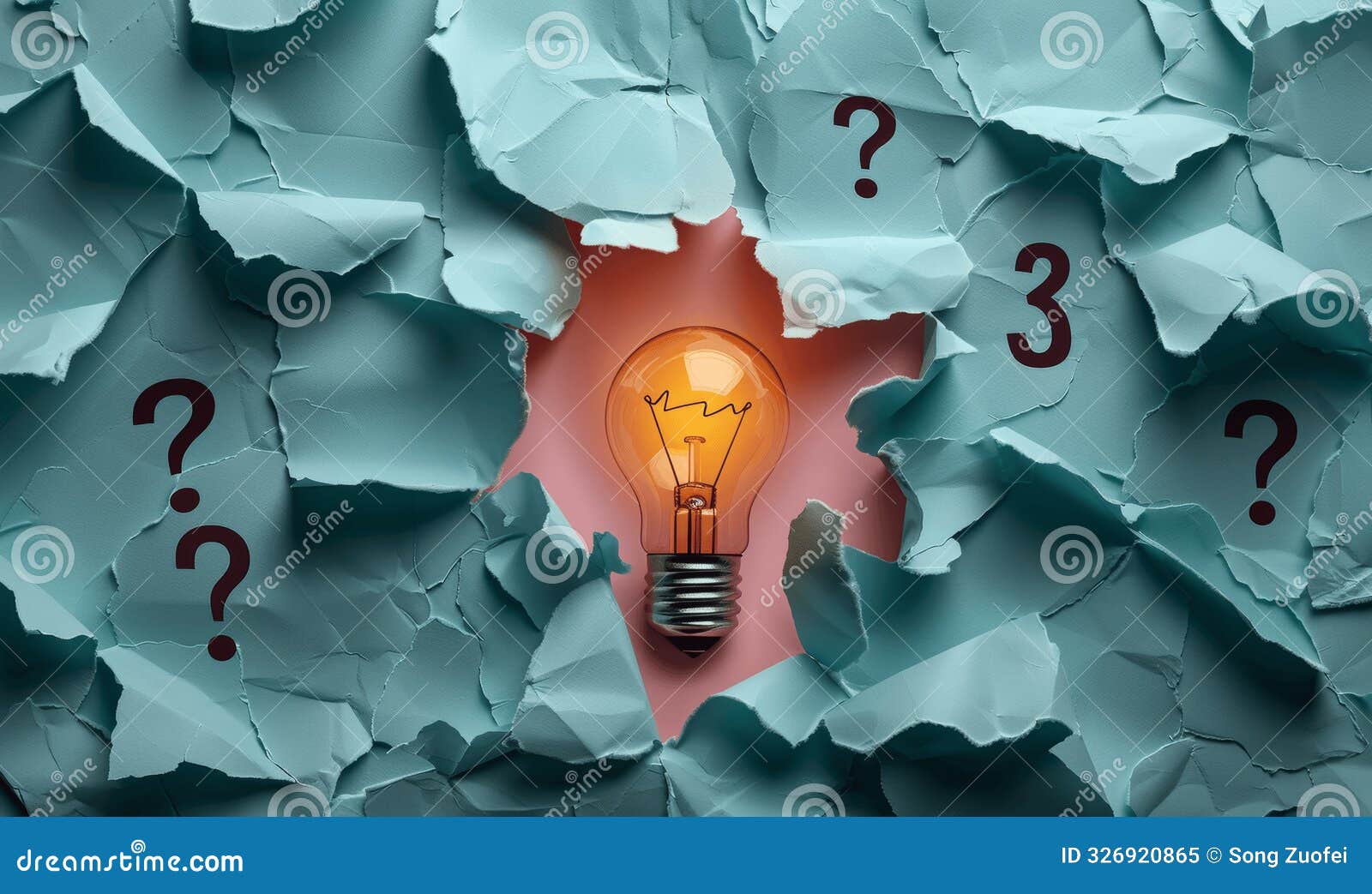 Creative Thinking Light Bulb Drawing on Torn Paper with Question Marks ...