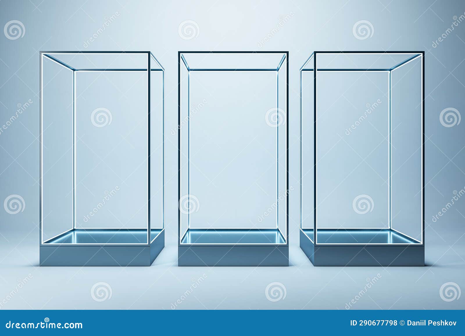 Creative Three Empty Glass Showcases on Light Background. Products ...