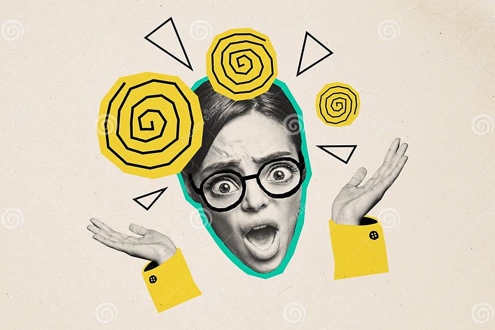 Creative Trend Collage Of Confused Scared Woman Nerd Manager Terrified