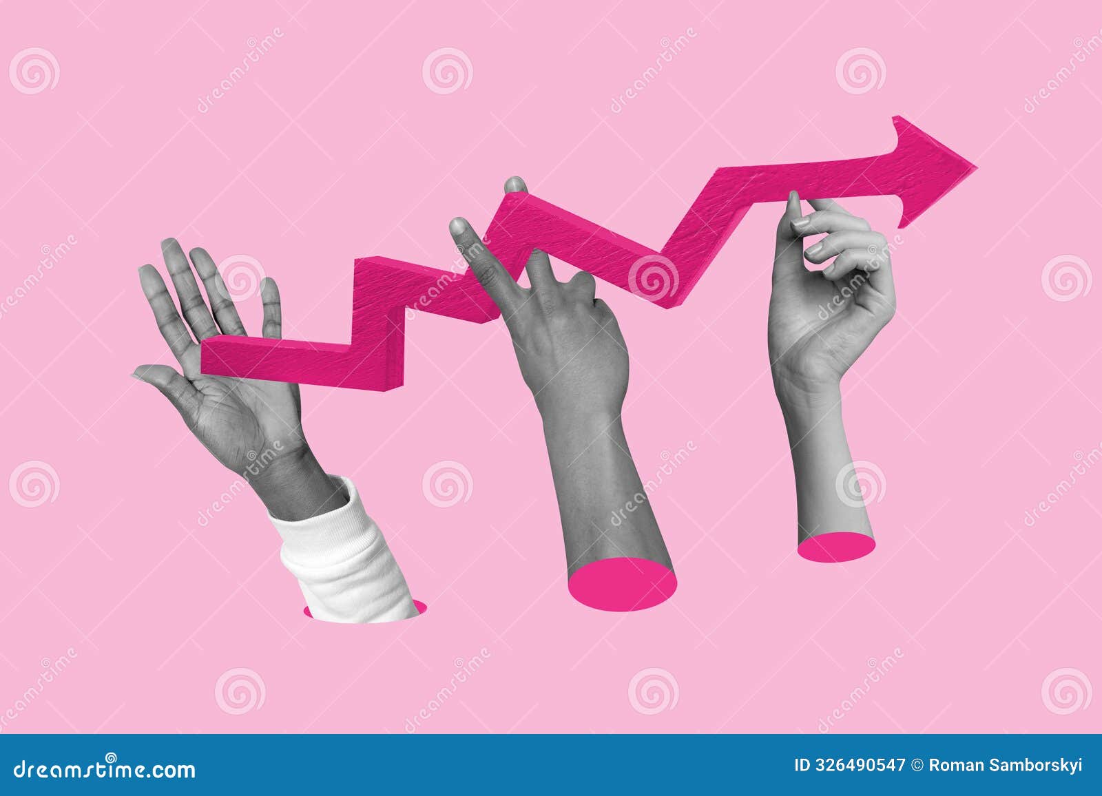 Creative Trend Collage of Teamwork Hands Hold Arrow Working Progress ...