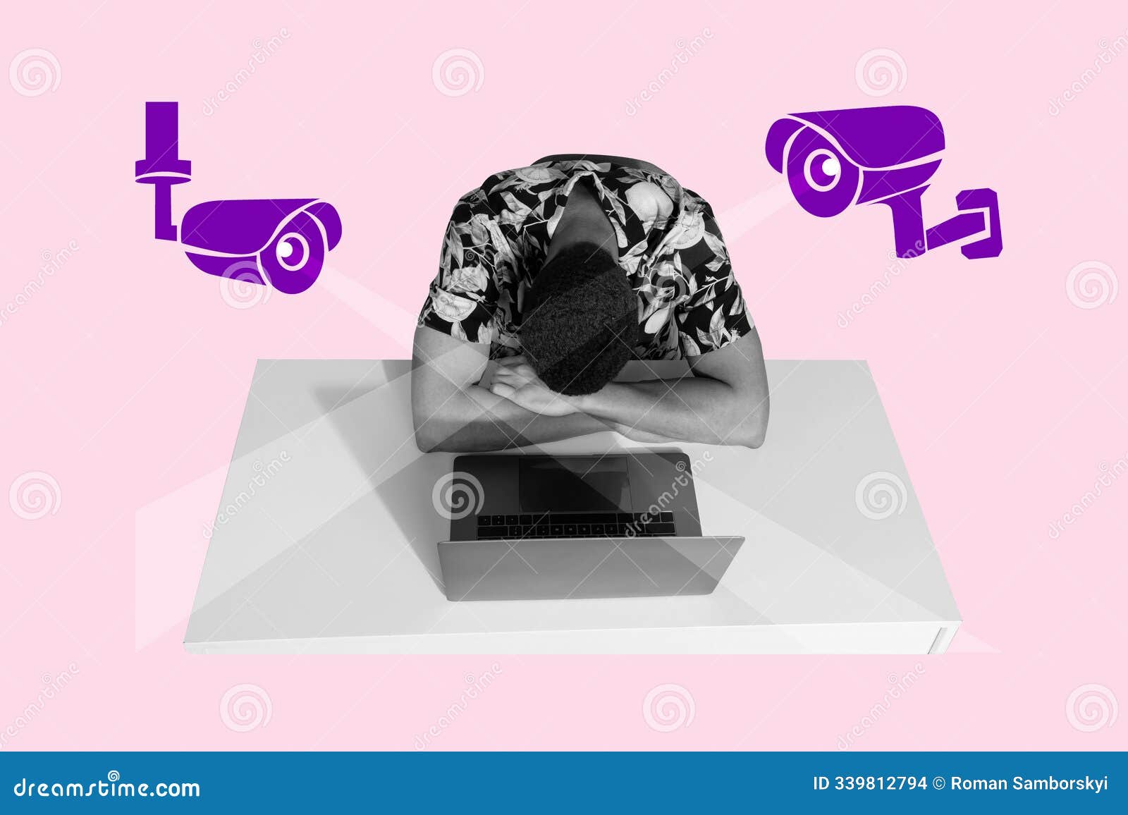 Creative Trend Collage of Tired Young Worker Office Camera Spying Control Force Working Freak ...