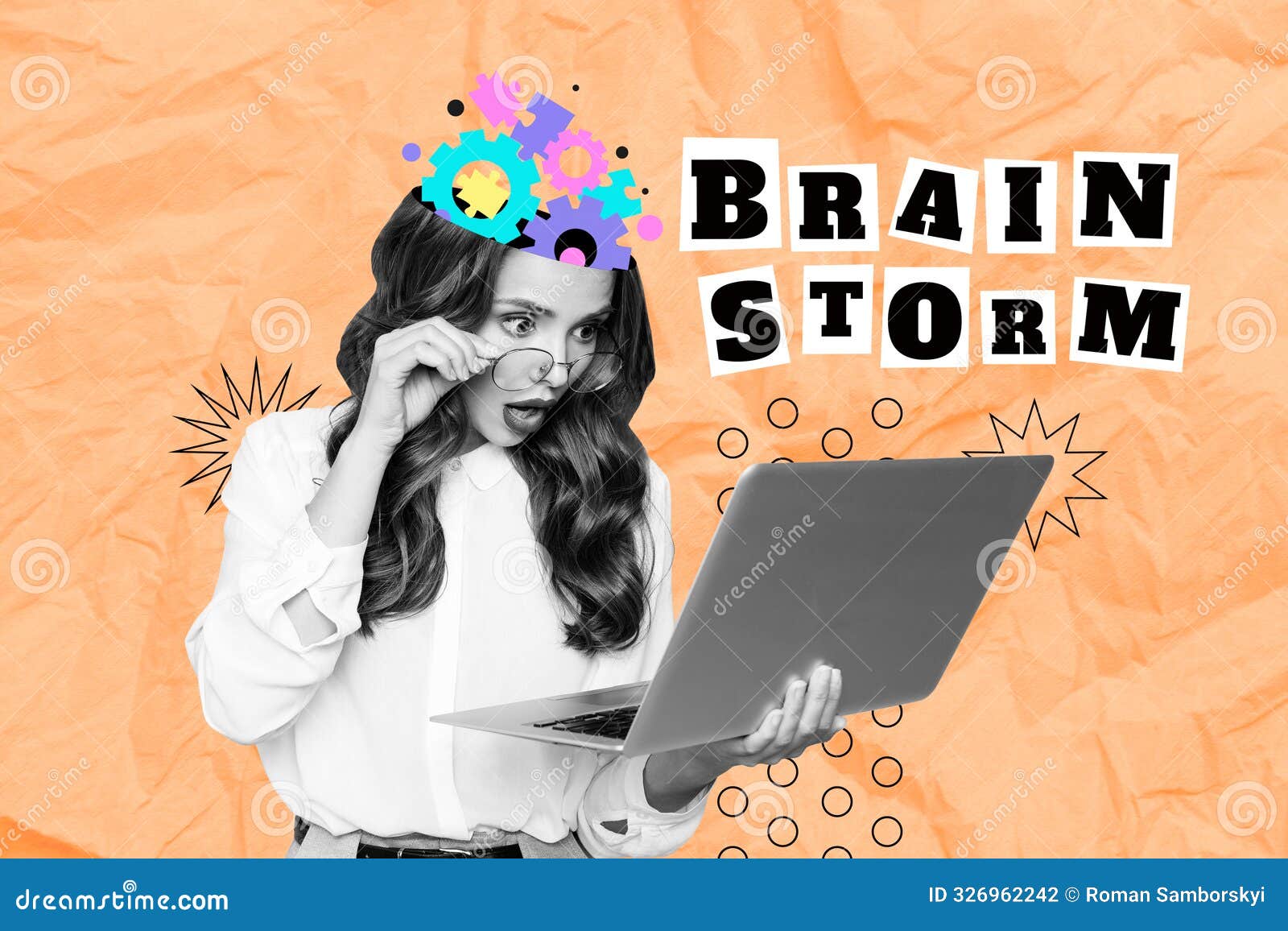 Creative Trend Collage of Young Surprised Female Brainstorm Head ...