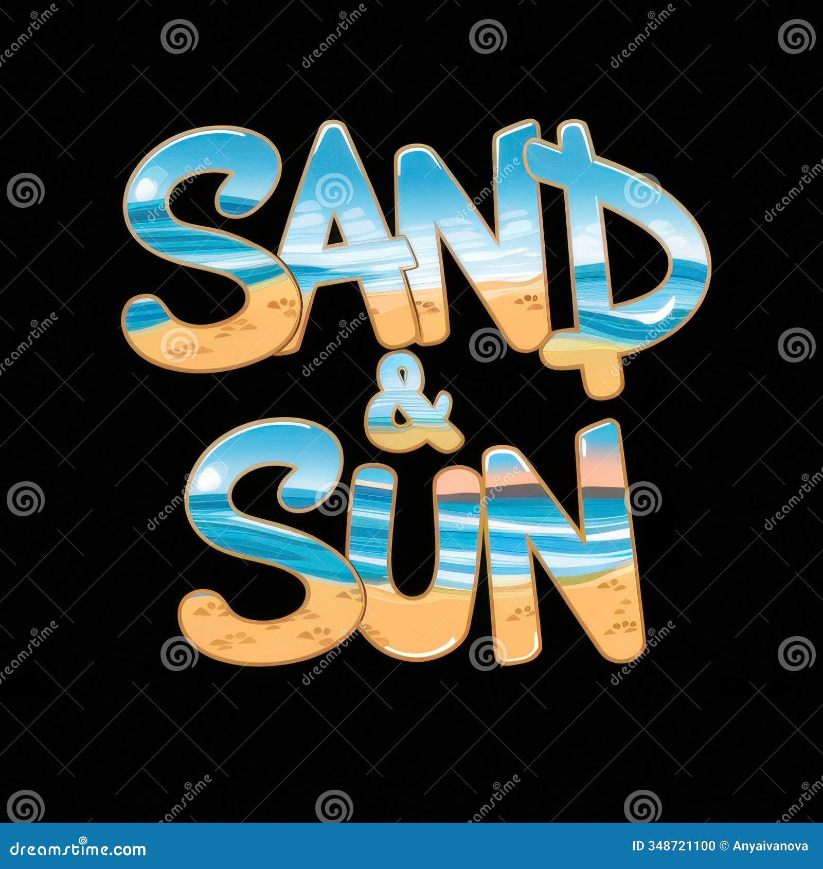 Sand and Sun Typography with Beach and Ocean Motif on Black Background ...