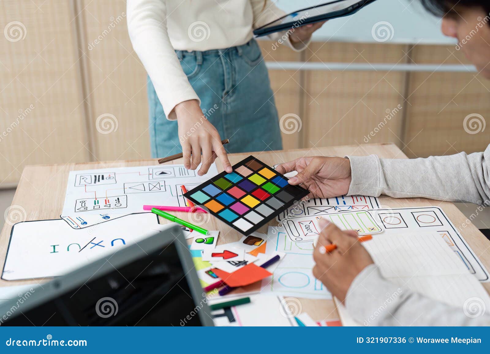 Creative UX UI Design Process with Color Palette and Wireframes on Desk ...