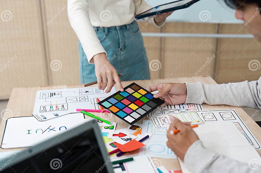 Creative UX UI Design Process with Color Palette and Wireframes on Desk ...