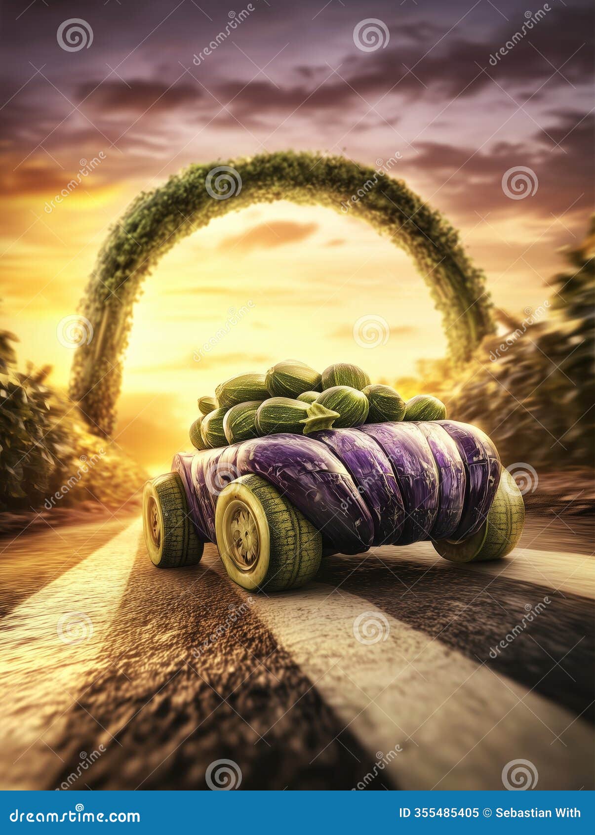 A Whimsical Purple Vegetable Car Filled with Watermelons Against a ...