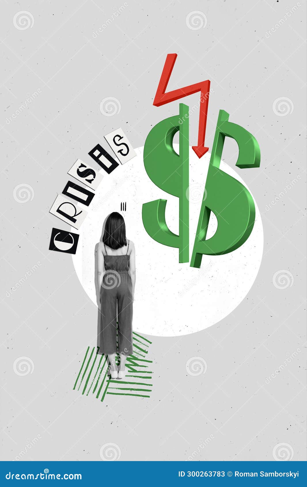 Creative Vertical Collage Image Standing Confused Young Woman Black White Dollar Arrow Decrease ...