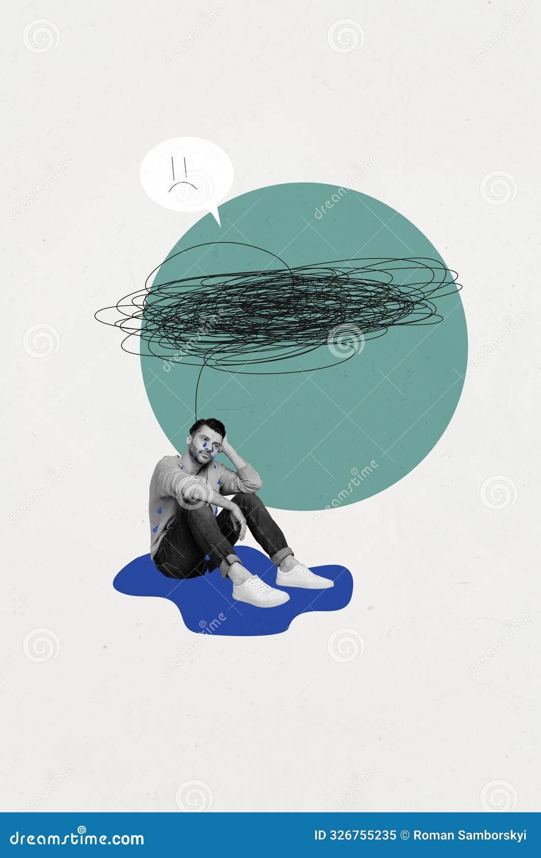 Creative Vertical Collage Image Young Man Sit Depression Mess Mental ...