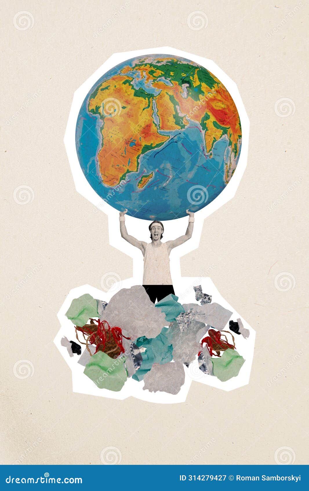 Creative Vertical Collage Young Strong Activist Man Holding Earth ...