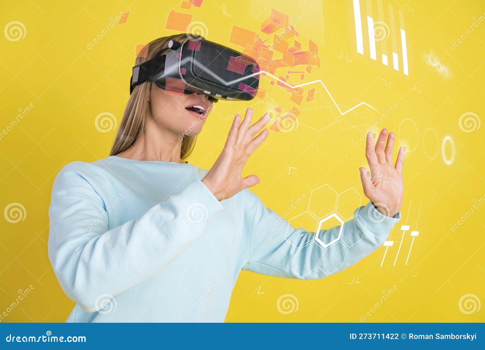 Creative Virtual Trend Collage of Lady Businesswoman Touch Cyber Space ...