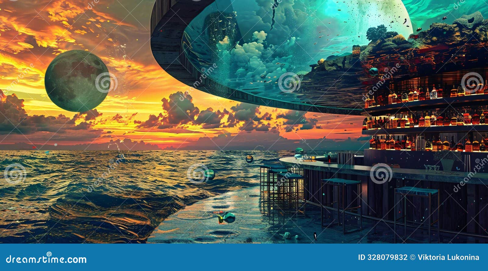 Surreal Oceanfront Bar Under a Giant Moon Stock Photo - Image of ...