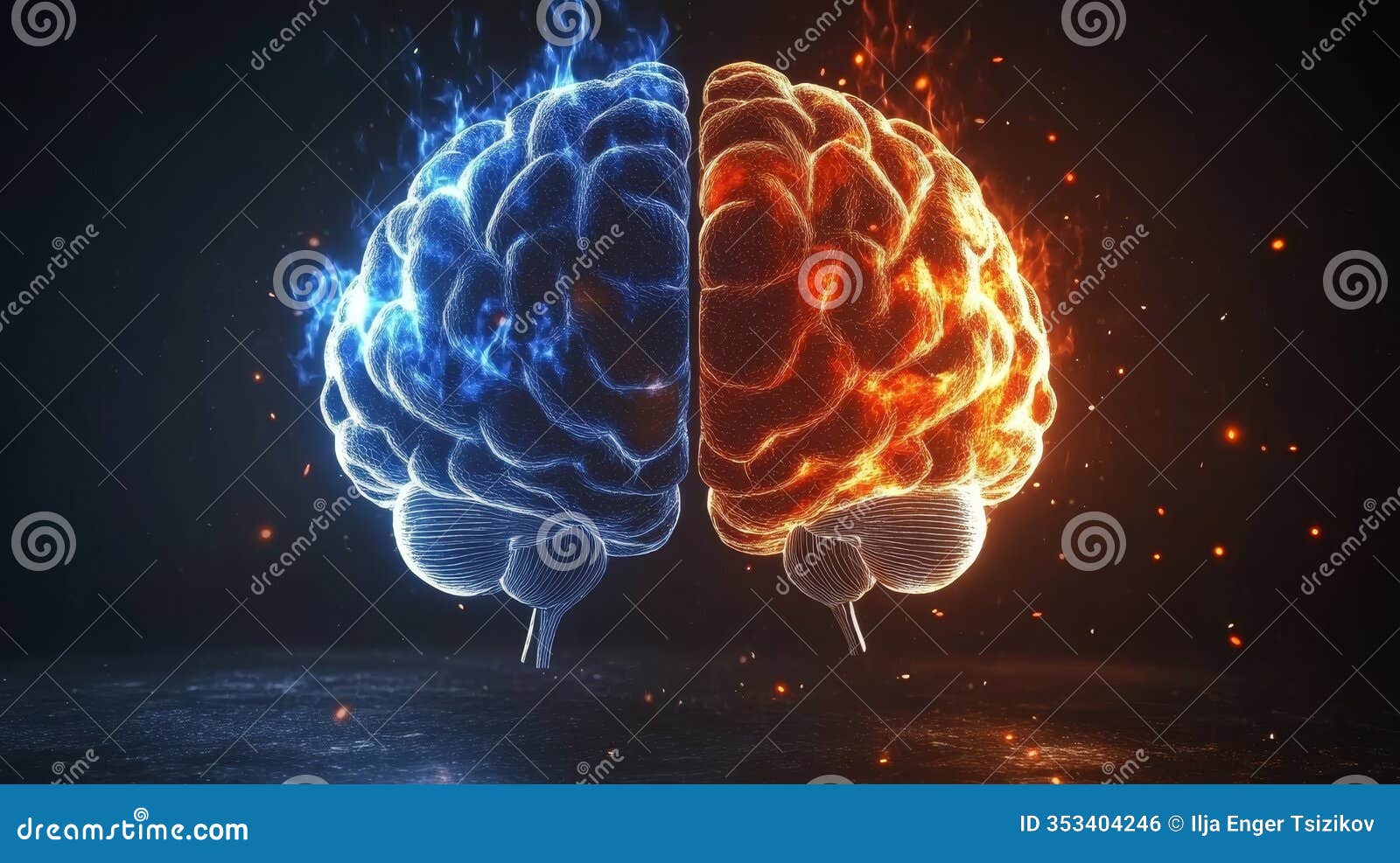 Creative Vs. Logical Brain Hemispheres Ignited in Flames, Concept of ...