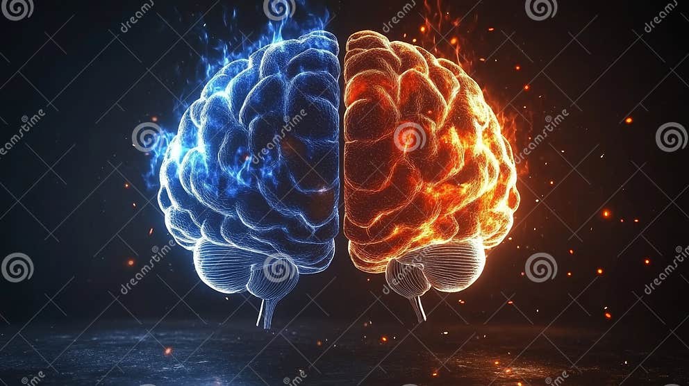 Creative Vs. Logical Brain Hemispheres Ignited in Flames, Concept of ...