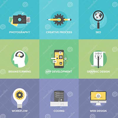 Creative Web Development Flat Icons Set Stock Vector - Illustration of ...