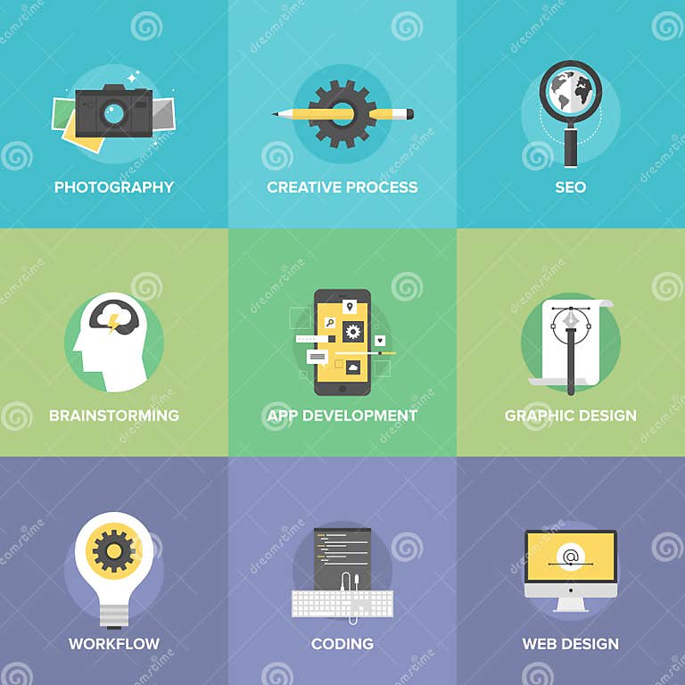 Creative Web Development Flat Icons Set Stock Vector - Illustration of ...