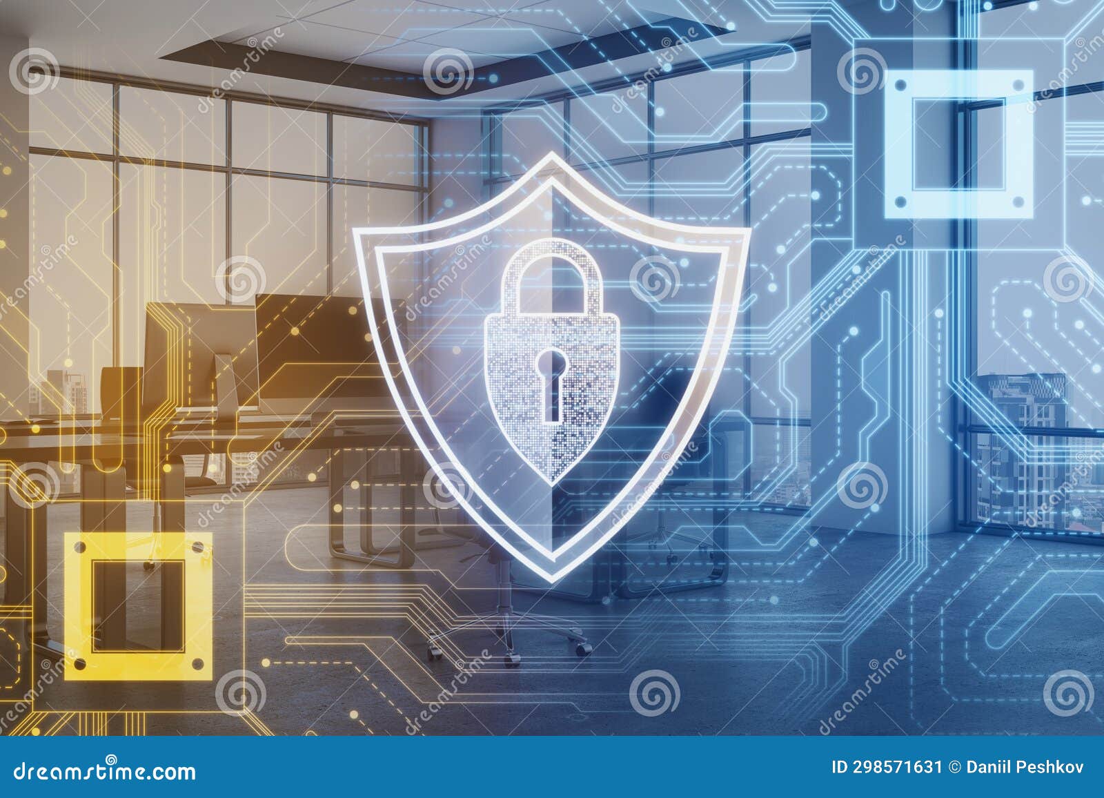 Creative Web Protection Sign with Circuit on Blurry Office Interior ...