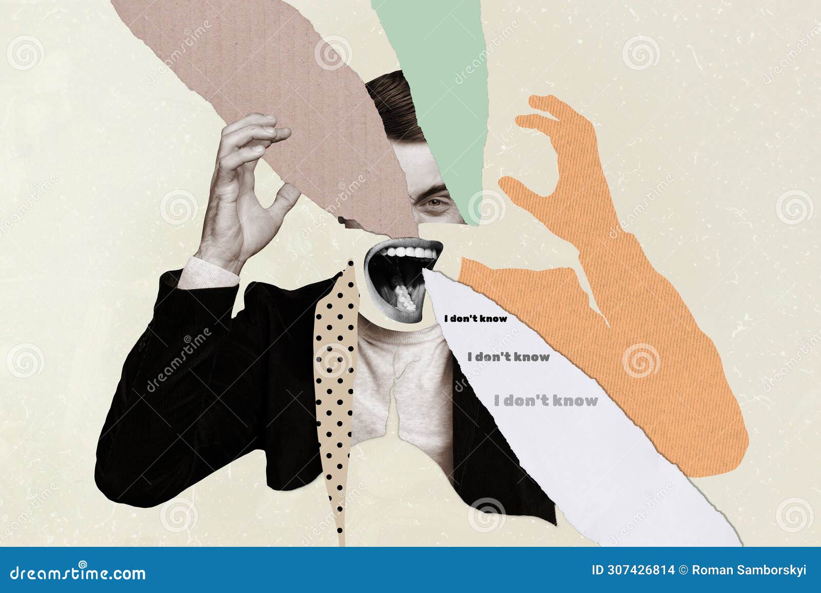 Creative Weird Absurd Collage of Angry Man Yell Loud Not Know Decision ...