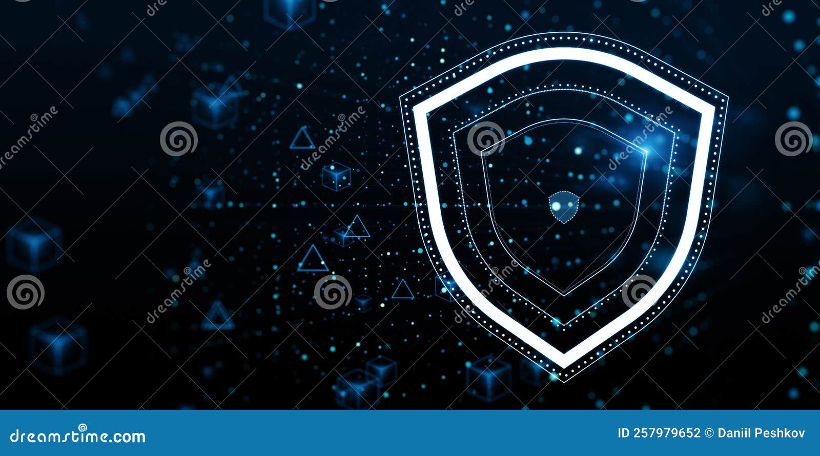 Creative Wide Perspective Glowing Shield Hologram on Blue Backdrop with ...