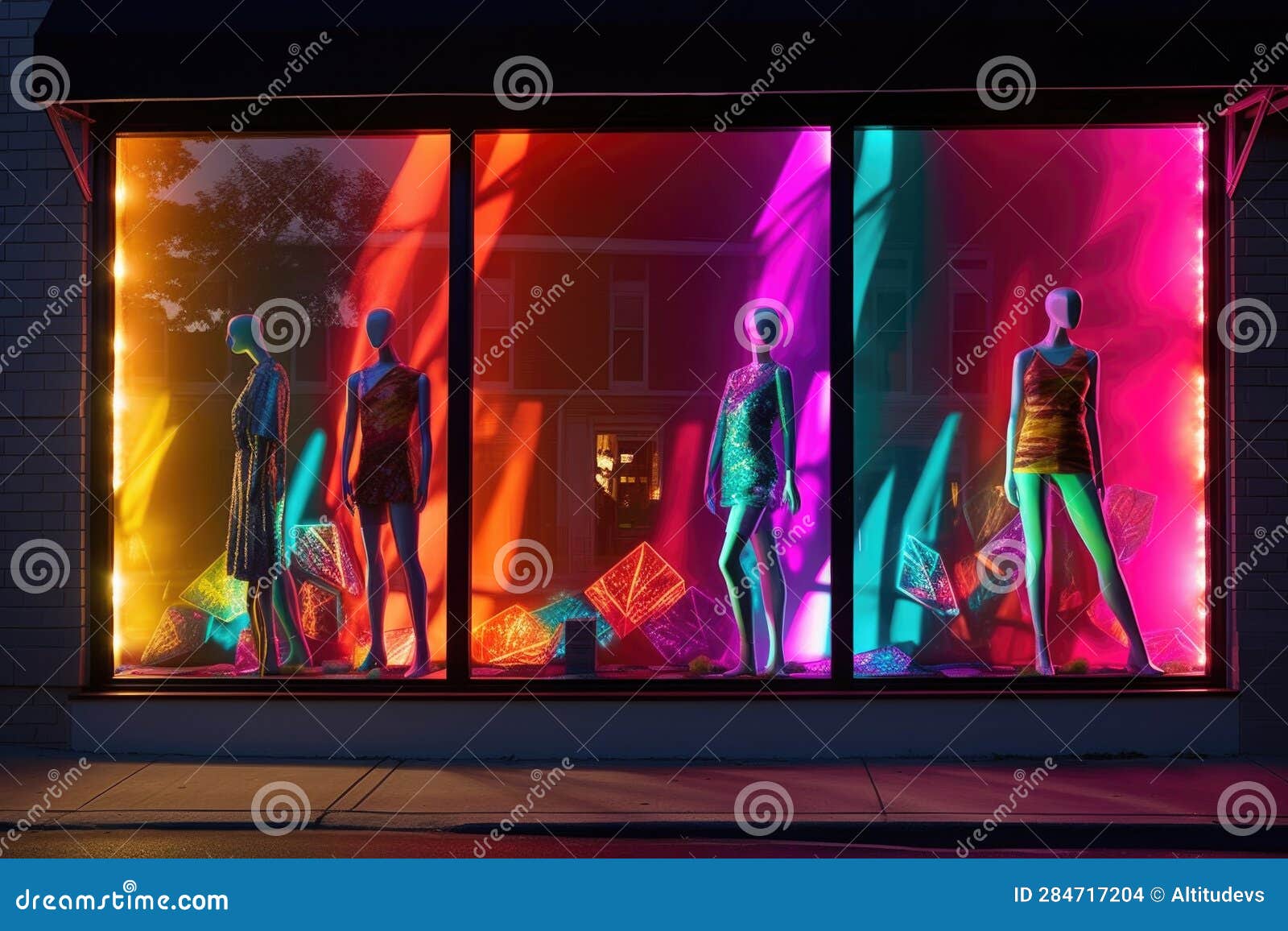 Creative Window Display with Mannequins and Colorful Lighting Stock ...